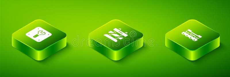 Set Isometric End of Railway Tracks, Cargo Train Wagon and Repair Icon ...