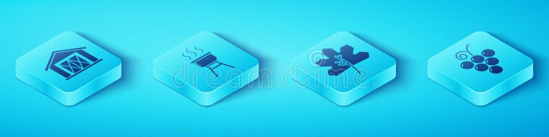 Set Isometric Farm House, Barbecue Grill, Grape Fruit and Leaf or ...