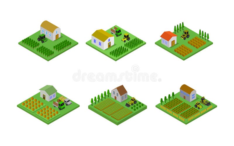 Set of Isometric Farms Vector Illustration Stock Illustration ...
