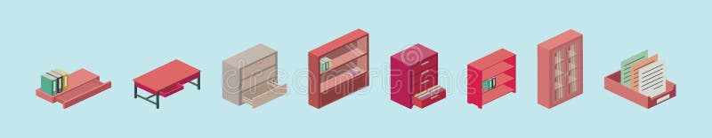 Set of Isometric File Cabinet Cartoon Icon Design Template with Various ...