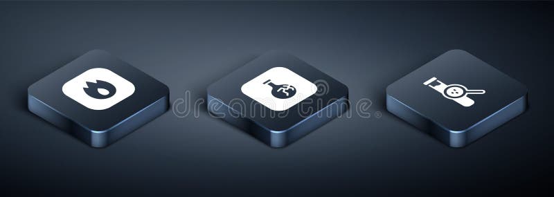 Set Isometric Fire Flame, Test Tube and Flask and Cracked Icon. Vector ...