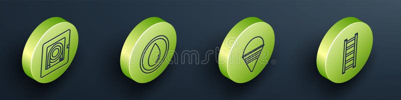 Set Isometric Fire Hose Cabinet, Water Drop, Fire Cone Bucket and Fire ...