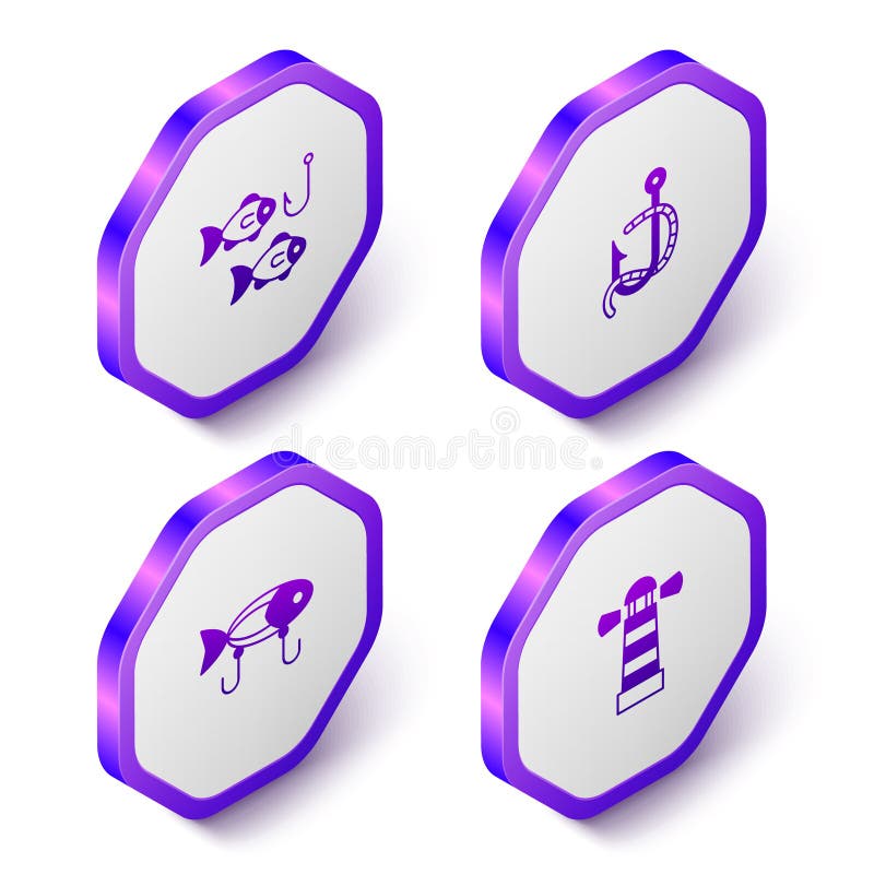 Set Isometric Fishing Hook with Fish, and Worm, Lure and Lighthouse ...