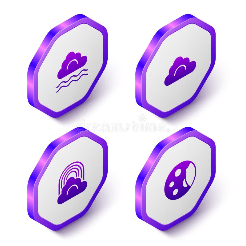Set Isometric Fog and Cloud, Cloud, Rainbow with and Moon Phases Icon ...