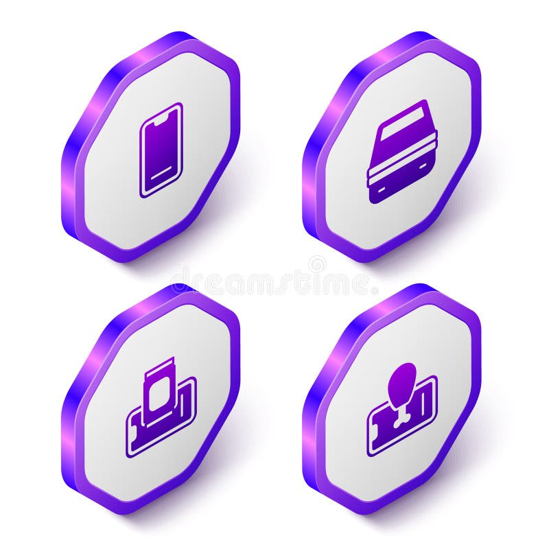Set Isometric Food Ordering on Mobile, Lunch Box, and Icon. Purple ...