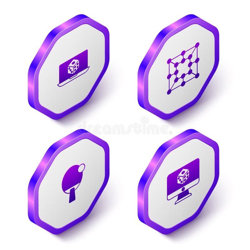 Set Isometric Game Dice, Board Game, Racket and Icon. Purple Hexagon ...