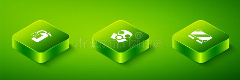 Set Isometric Gas Mask, Road Barrier and Fire Extinguisher Icon. Vector ...
