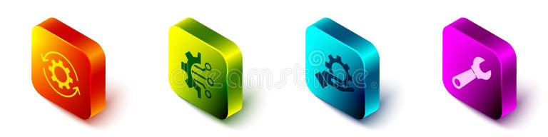 Set Isometric Gear and Arrows As Workflow, Algorithm, Settings in the Hand and Wrench Spanner ...