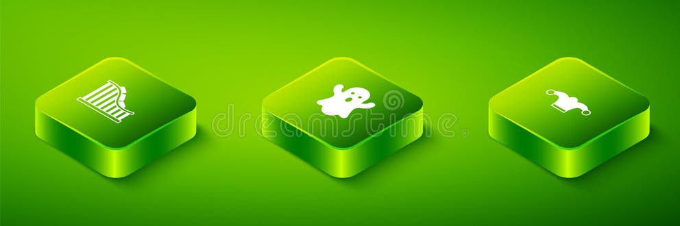Set Isometric Ghost, Jester Hat with Bells and Roller Coaster Icon ...