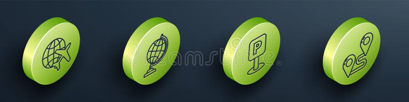 Set Isometric Globe with Flying Plane, Earth Globe, Parking and Route ... Set Isometric Globe with Flying Plane, Earth Globe, Parking and Route ...