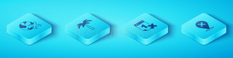Set Isometric Globe with Flying Plane, Tropical Palm Tree, Plane and ... Set Isometric Globe with Flying Plane, Tropical Palm Tree, Plane and ...