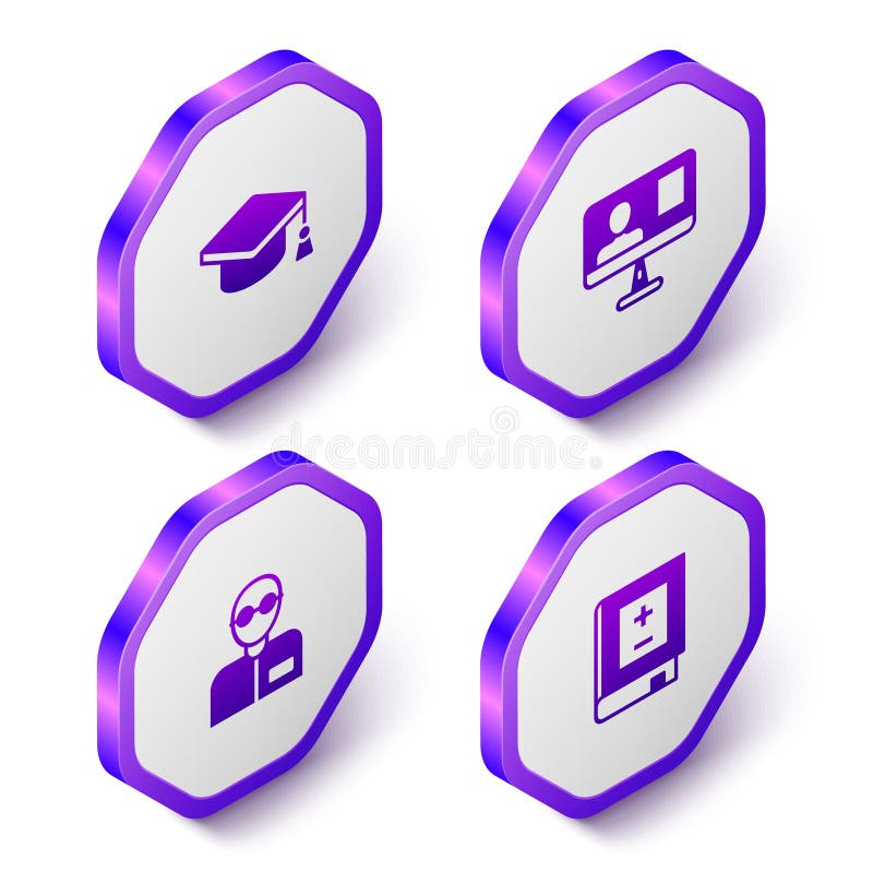 Set Isometric Graduation Cap, Online Class, Teacher and Book with ...