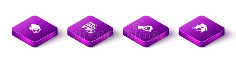 Set Isometric Graduation Cap with Shield, House, Hand Holding Fire and ...