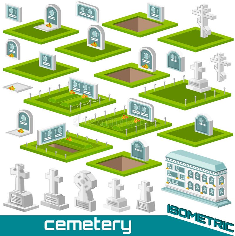 Set of Isometric Grave and Crosses Different Style for Cemetery Vector ...