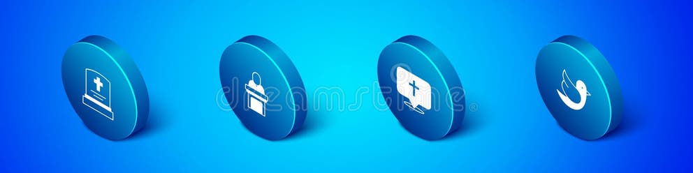 Set Isometric Grave with Tombstone, Location Church Building, Dove and ... Set Isometric Grave with Tombstone, Location Church Building, Dove and ...