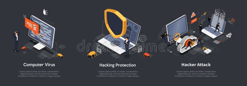 Set Of Isometric Hacking Concept Set Of Illustrations Of Computer Virus Hacking Protection
