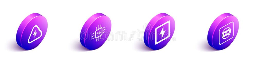 Set Isometric High Voltage, Processor with Microcircuits CPU, Lightning Bolt and Electrical ...