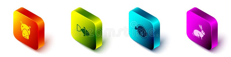 Set Isometric Hippo O Hippopotamus Pez Globo Y Conejo Icono. Vector ...