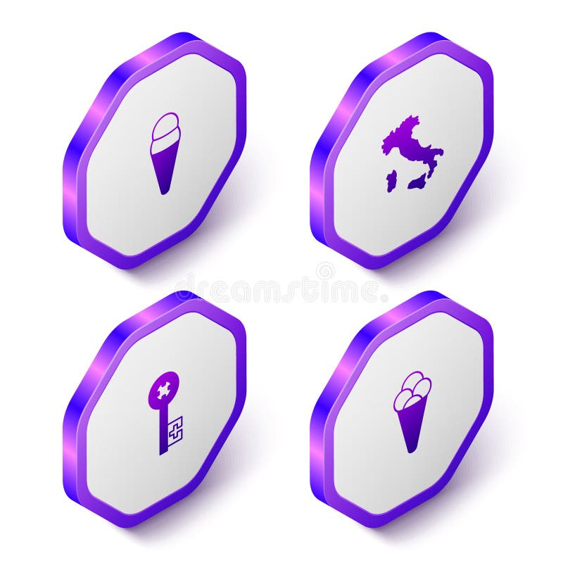 Set Isometric Ice Cream in Waffle, Map of Italy, Old Key and Icon ...