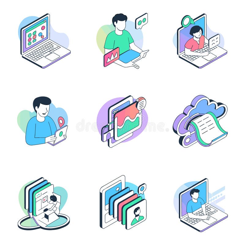 Set of Isometric Icons Designed in a Clean Flat Style Representing ...