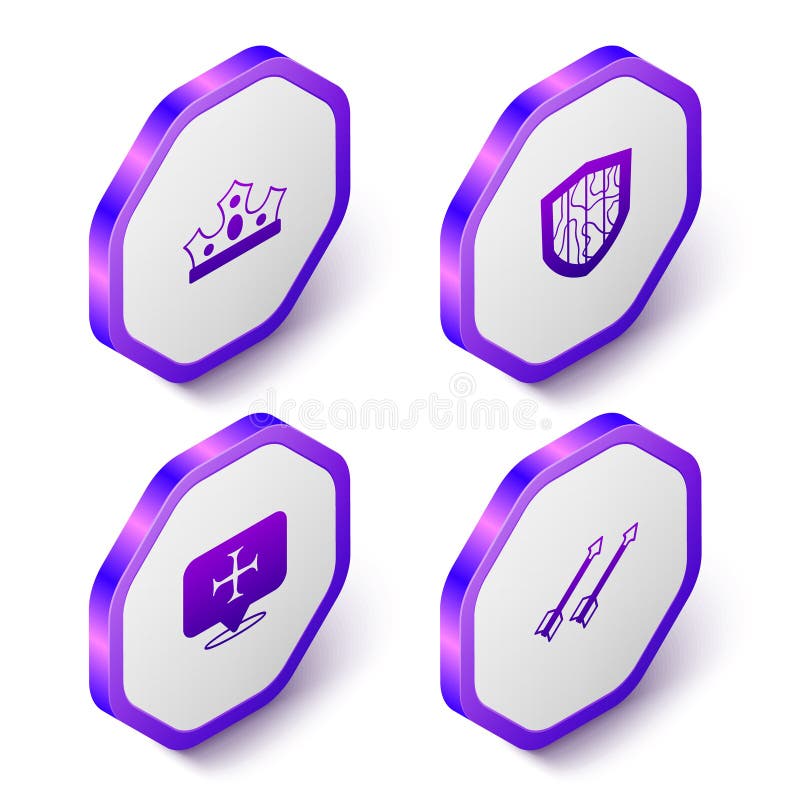 Set Isometric King Crown, Shield, Crusade and Medieval Arrows Icon ...