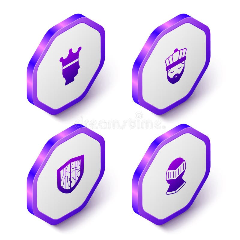 Set Isometric King Crown, with, Shield and Medieval Helmet Icon. Purple ...
