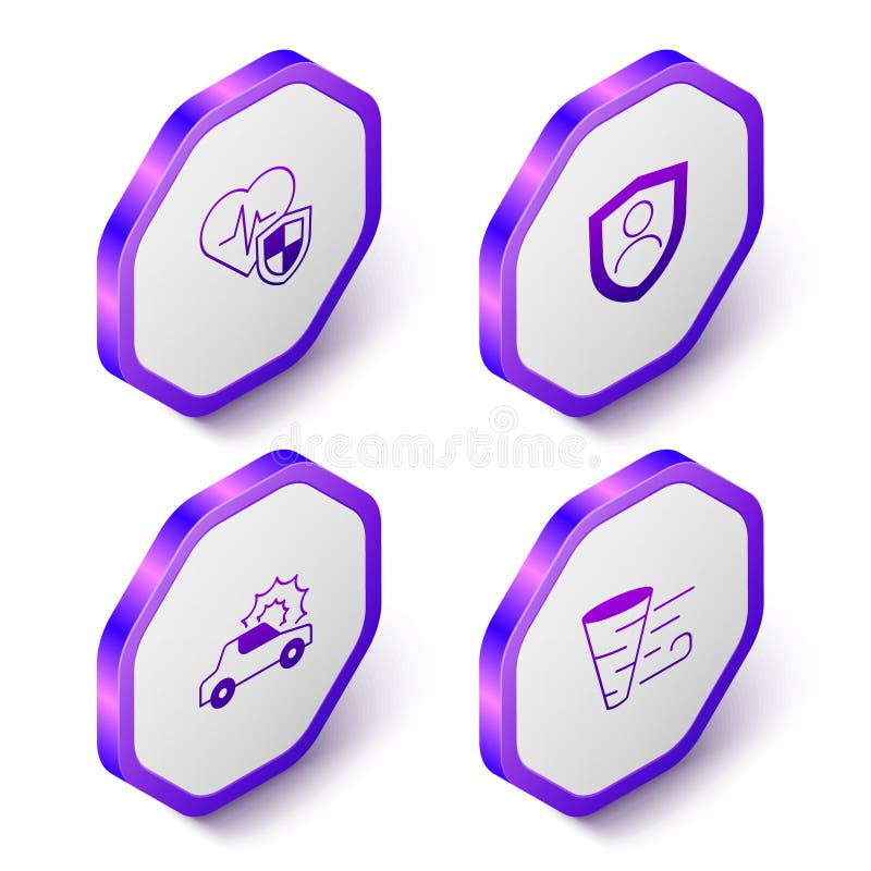 Set Isometric Life Insurance with Shield, Car and Tornado Icon. Purple ...
