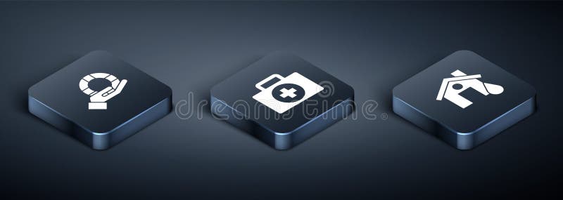 Set Isometric Lifebuoy in Hand, House Flood and First Aid Kit Icon ...