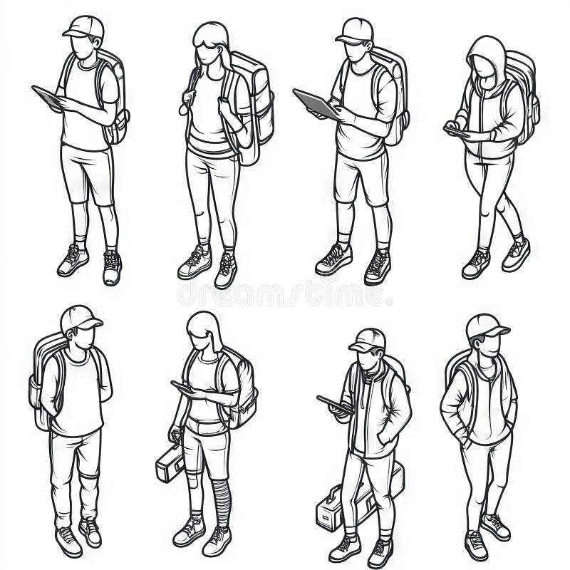 A Set of Isometric Line Art People, All Isolated on a White Backdrop ...