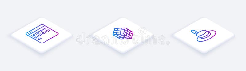 Set Isometric Line Binary Code, Rubik Cube and Man Hat. White Square ...
