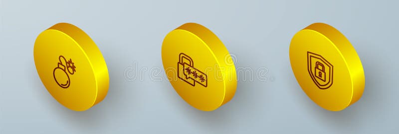 Set Isometric Line Bomb, Cyber Security and Shield with Lock Icon ... Set Isometric Line Bomb, Cyber Security and Shield with Lock Icon ...