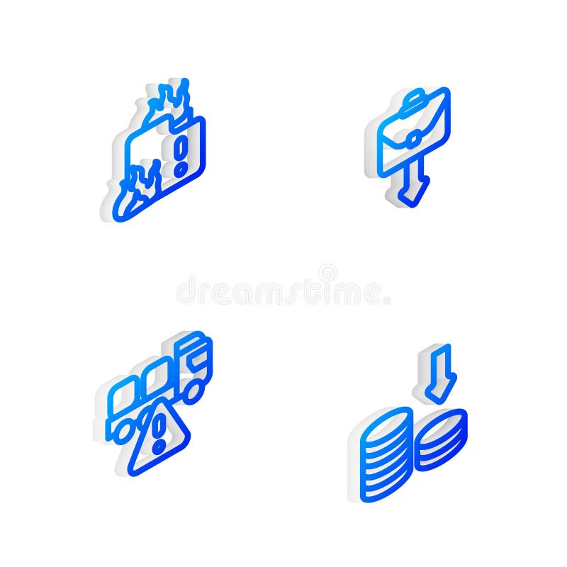 Set Isometric Line Briefcase Fire In Burning House Stop Delivery