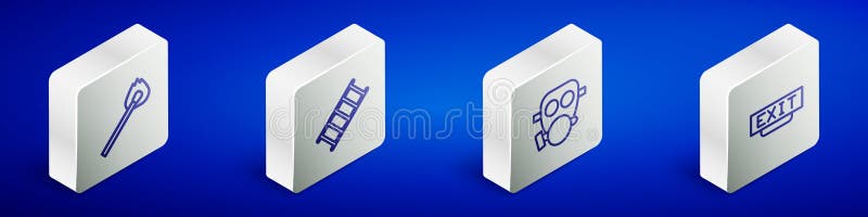 Set Isometric Line Burning Match with Fire, Fire Escape, Gas Mask and ...