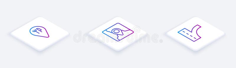 Set Isometric Line Cafe and Restaurant Location, Folded Map with Marker ...