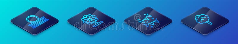 Set Isometric Line Carnival Garland with Flags, Roller Coaster, Cotton ...