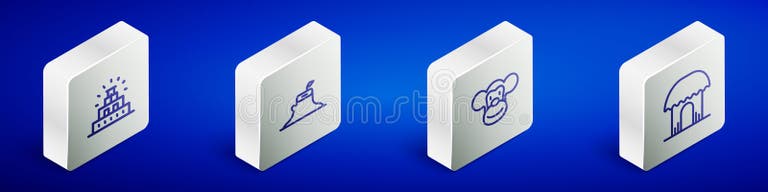 Set Isometric Line Chichen Itza in Mayan, Tree Stump, Monkey and ...