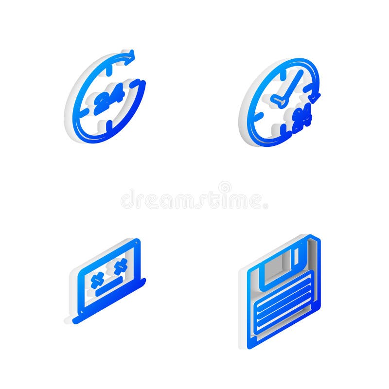 Set Isometric Line Clock 24 Hours, , Dead Laptop and Floppy Disk Icon ...