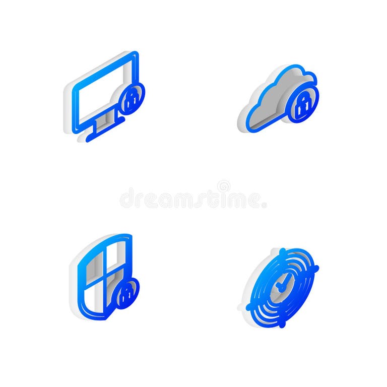 Set Isometric Line Cloud Computing Lock, Lock on Monitor, Shield Security with and Time ...