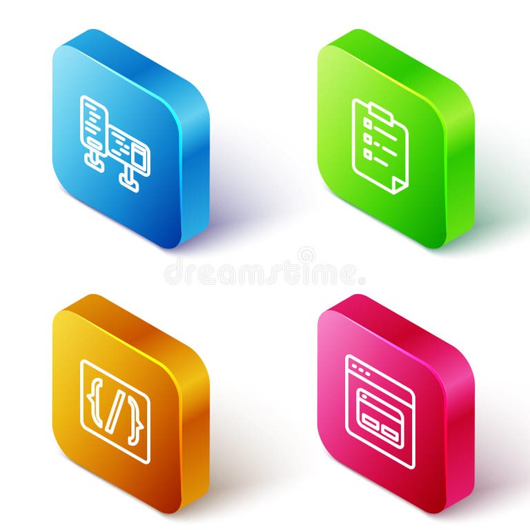 Set Isometric Line Computer Monitor Screen, Clipboard with Checklist ...