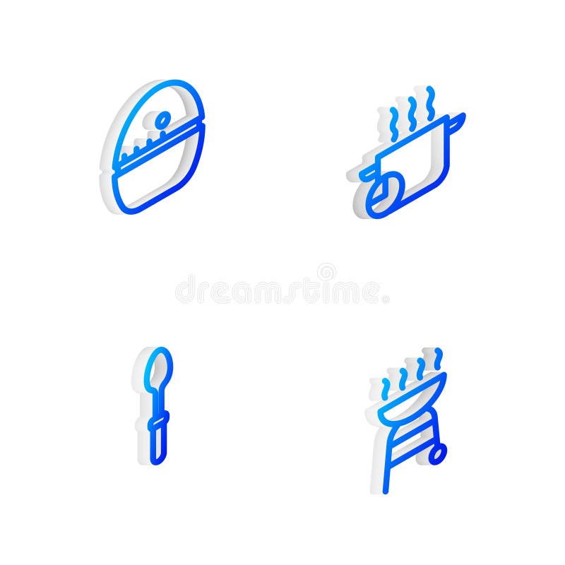 Set Isometric Line Cooking Pot, Kitchen Timer, Teaspoon and Barbecue ...