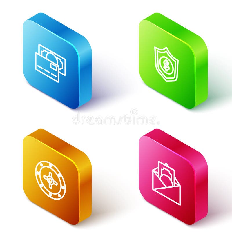 Set Isometric Line Credit Card, Shield with Dollar, Safe and Envelope ...
