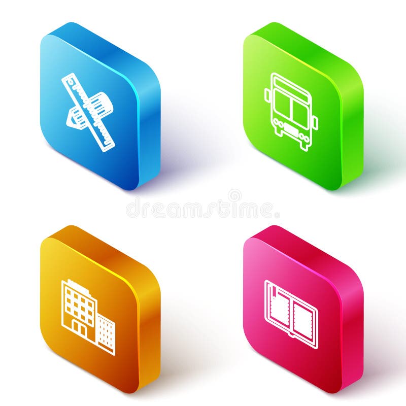 Set Isometric Line Crossed Ruler and Pencil, Bus, Hotel Building and ...