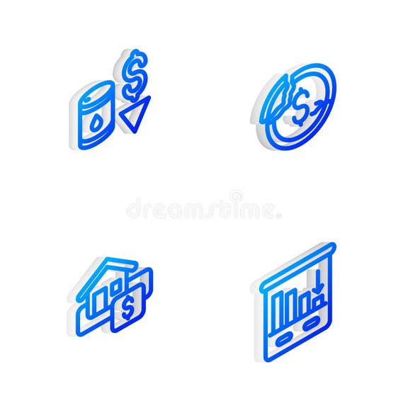 Set Isometric Line Dollar Rate Decrease, Drop in Crude Oil Price, Hanging Sign with Sale and Pie ...