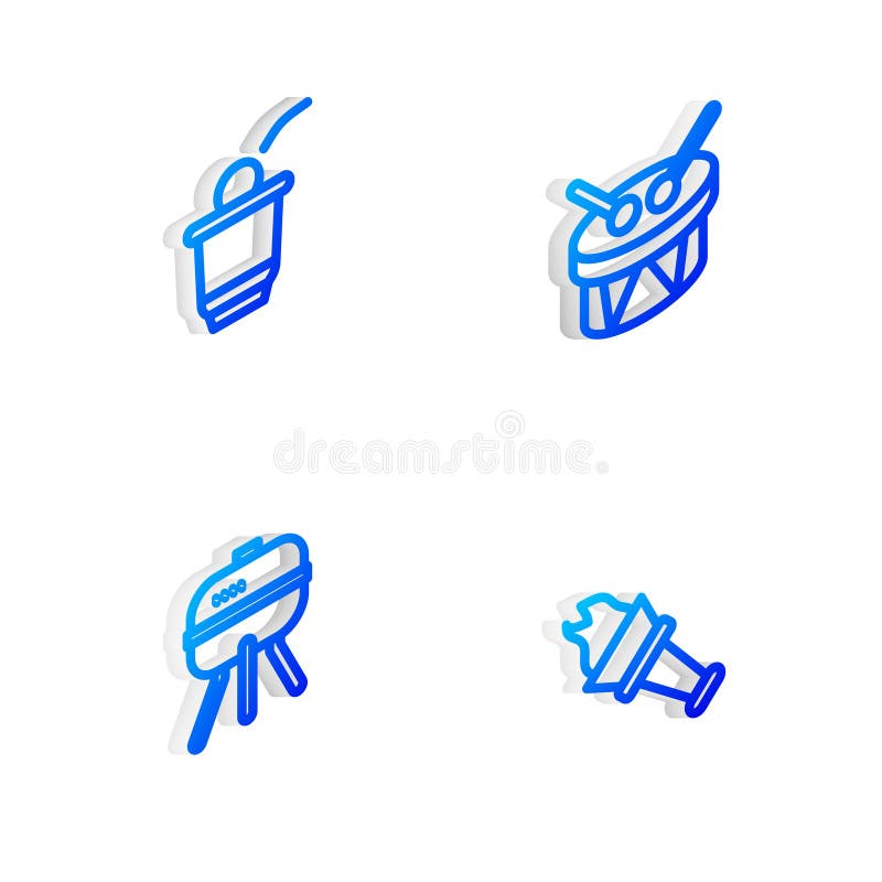 Set Isometric Line Drum and Drum Sticks, Beer Pong Game, Barbecue Grill ...