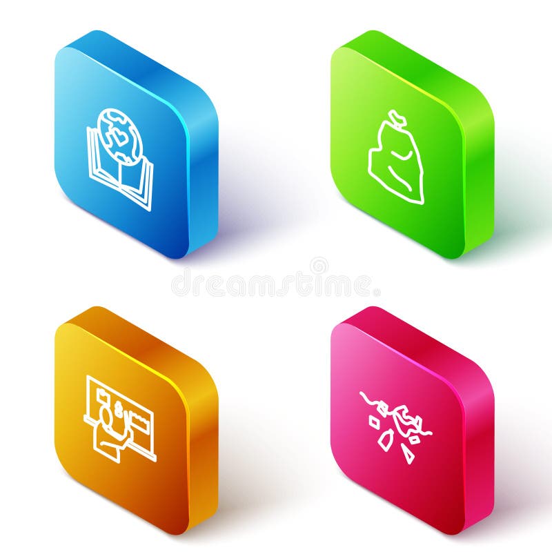 Set Isometric Line Earth Globe and Book, Garbage Bag, Stop Plastic ...