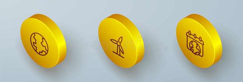Set Isometric Line Earth Globe, Wind Turbine and World Day Icon. Vector ... Set Isometric Line Earth Globe, Wind Turbine and World Day Icon. Vector ...