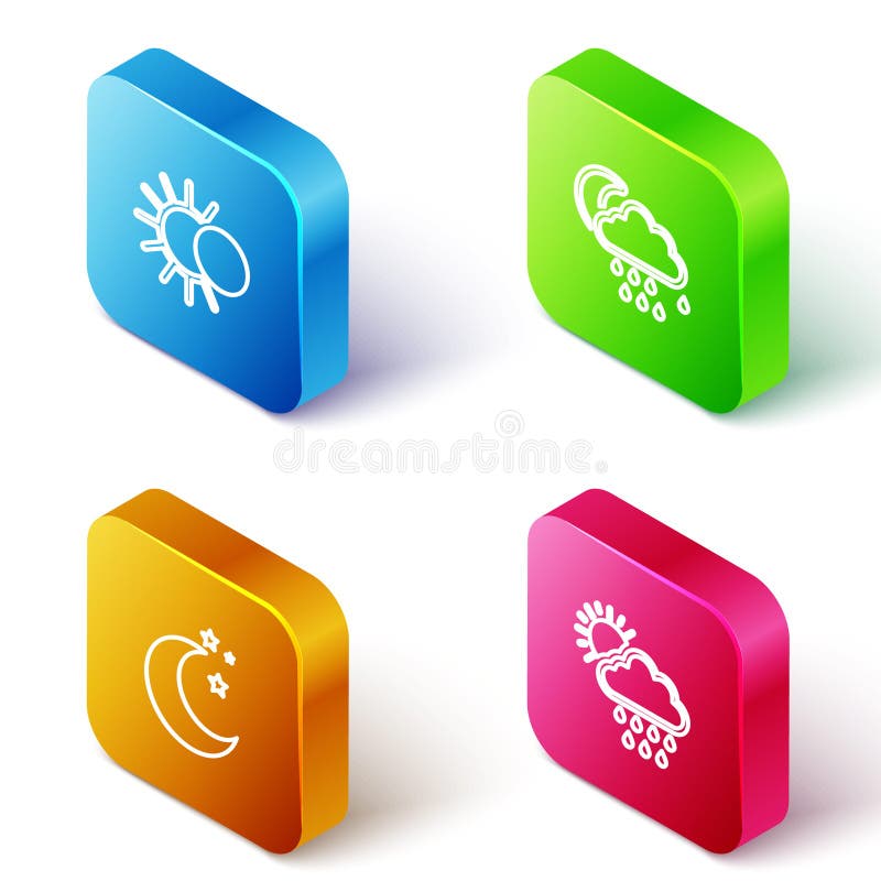 Set Isometric Line Eclipse of the Sun, Cloud with Rain and Moon, Moon ...