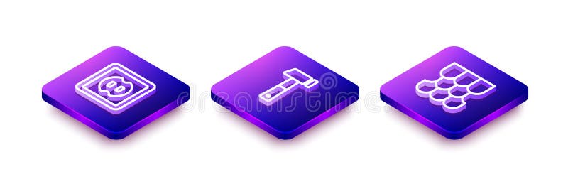 Set Isometric Line Electrical Outlet, Hammer and Roof Tile Icon. Vector ...