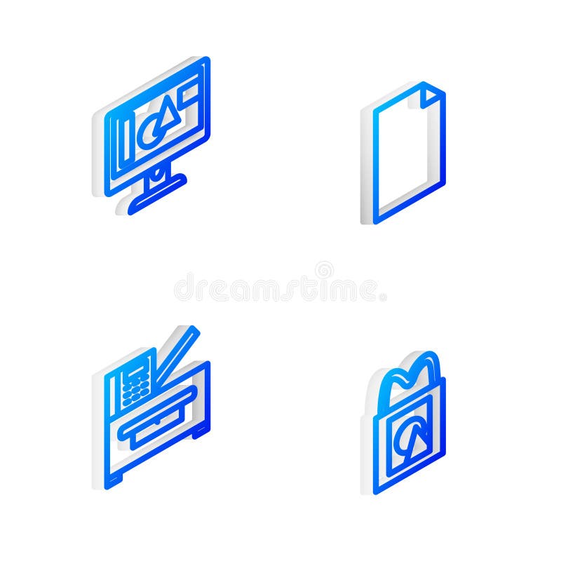 Set Isometric Line Empty Document, Computer Monitor Screen, Copy ...