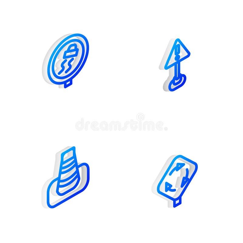 Set Isometric Line Exclamation Mark in Triangle, Slippery Road Traffic ... Set Isometric Line Exclamation Mark in Triangle, Slippery Road Traffic ...